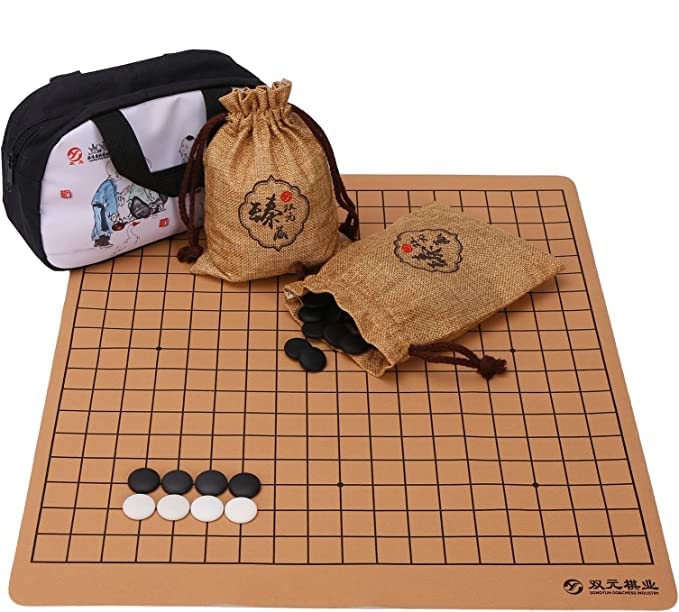 Songyun Go Set with Reversible 19x19 / 13x13 Portable Travel Go Game Set Roll-up and Foldable Artificial Leather Board with 361 Single Convex Ceramic Stones Linen Bundle Pocket Weqi Games