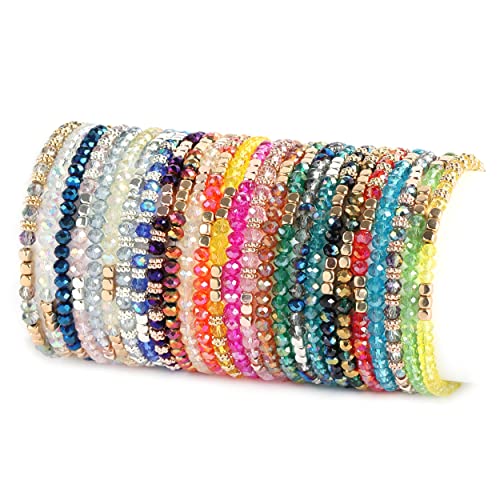 MOZAKA 26Pcs Boho Beaded Bracelets for Women Colorful Stackable Sparkly Crystal Beads Bracelets Multi-Layer Versatile Statement Bracelets Stretch Cuff Jewelry Gifts