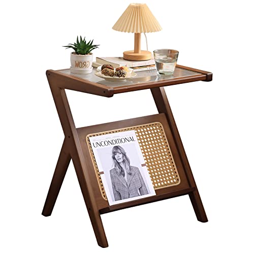 Tiita Rattan Side Table, Mid Century Nightstand, Bamboo Accent Bedside Tables, Glass Coffee Tables, Boho Wooden End Table with Storage for Small Space, Living Room and Bedroom