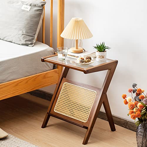 Tiita Rattan Side Table, Mid Century Nightstand, Bamboo Accent Bedside Tables, Glass Coffee Tables, Boho Wooden End Table with Storage for Small Space, Living Room and Bedroom