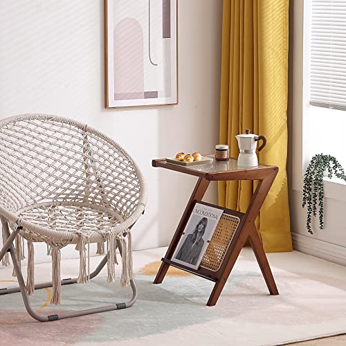 Tiita Rattan Side Table, Mid Century Nightstand, Bamboo Accent Bedside Tables, Glass Coffee Tables, Boho Wooden End Table with Storage for Small Space, Living Room and Bedroom