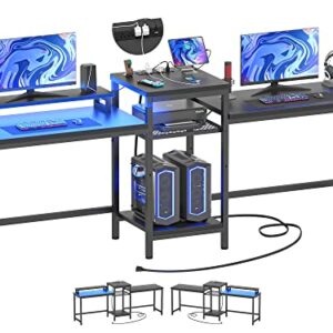 Unikito 2 Person Computer Desk with LED Light and Power Outlet, Double Gaming Desk, Large Workstation with Storage and Printer Stand, Long Desk, Office Work Desk with Shelf, Writing Study Table, Black