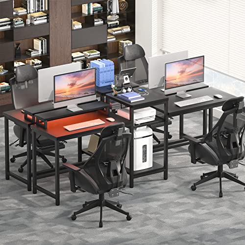 Unikito 2 Person Computer Desk with LED Light and Power Outlet, Double Gaming Desk, Large Workstation with Storage and Printer Stand, Long Desk, Office Work Desk with Shelf, Writing Study Table, Black