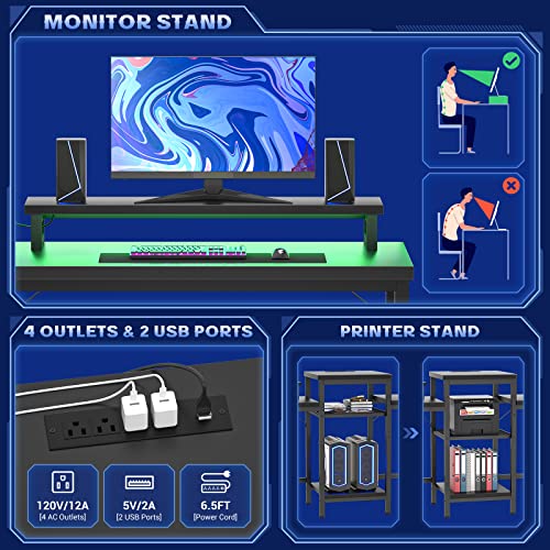 Unikito 2 Person Computer Desk with LED Light and Power Outlet, Double Gaming Desk, Large Workstation with Storage and Printer Stand, Long Desk, Office Work Desk with Shelf, Writing Study Table, Black