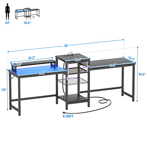 Unikito 2 Person Computer Desk with LED Light and Power Outlet, Double Gaming Desk, Large Workstation with Storage and Printer Stand, Long Desk, Office Work Desk with Shelf, Writing Study Table, Black