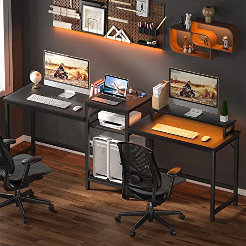 Unikito 2 Person Computer Desk with LED Light and Power Outlet, Double Gaming Desk, Large Workstation with Storage and Printer Stand, Long Desk, Office Work Desk with Shelf, Writing Study Table, Black