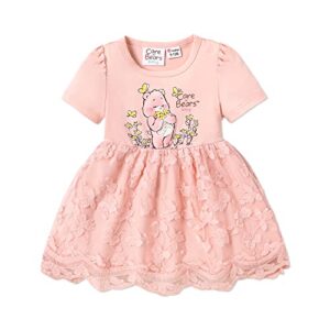 care bears baby girl cotton short-sleeve bear print spliced embroidered mesh dress incarnadinepink 3-6 months