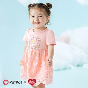 Care Bears Baby Girl Cotton Short-Sleeve Bear Print Spliced Embroidered Mesh Dress incarnadinepink 3-6 Months