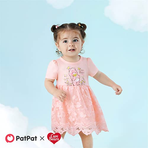 Care Bears Baby Girl Cotton Short-Sleeve Bear Print Spliced Embroidered Mesh Dress incarnadinepink 3-6 Months