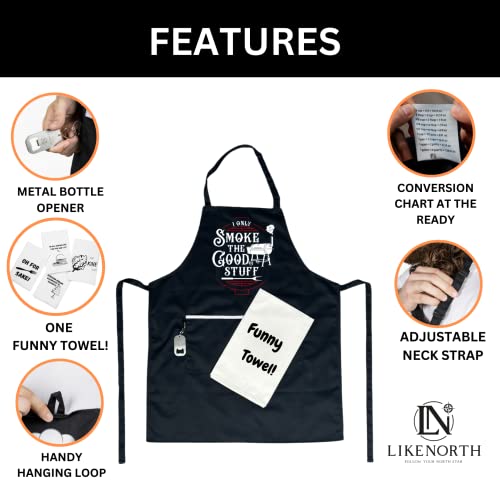 LIKENORTH funny aprons for men Hilarious mens apron for cooking kings chef apron for men,Perfect for bbq & grill shenanigans (I only smoke the good stuff)