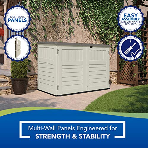 Suncast 5. 4 ft. x 3. 2 ft Horizontal Stow-Away Storage Shed - Natural Wood-Like Outdoor Storage for Trash Cans and Yard Tools & iPower 7 Inch Shutter Exhaust Fan Aluminum, 1680 RPM, 760 CFM, Silver