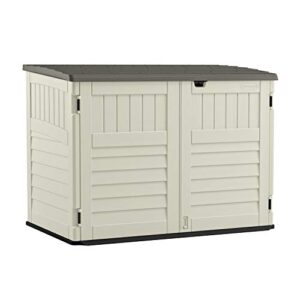 Suncast 5. 4 ft. x 3. 2 ft Horizontal Stow-Away Storage Shed - Natural Wood-Like Outdoor Storage for Trash Cans and Yard Tools & iPower 7 Inch Shutter Exhaust Fan Aluminum, 1680 RPM, 760 CFM, Silver