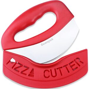 suanyok premium pizza cutter food chopper-super sharp blade stainless steel pizza cutter rocker slicer with protective sheath multi function pizza knife kitchen tools,dishwasher safe (red)