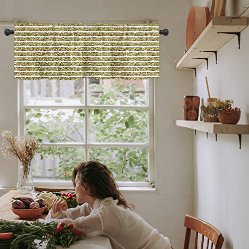 Millxiu Kitchen Curtain Valance 54x18 inch White Gold Stripes Window Valance for Kitchen and Bathroom,Rod Pocket Short Valances Window Treatment