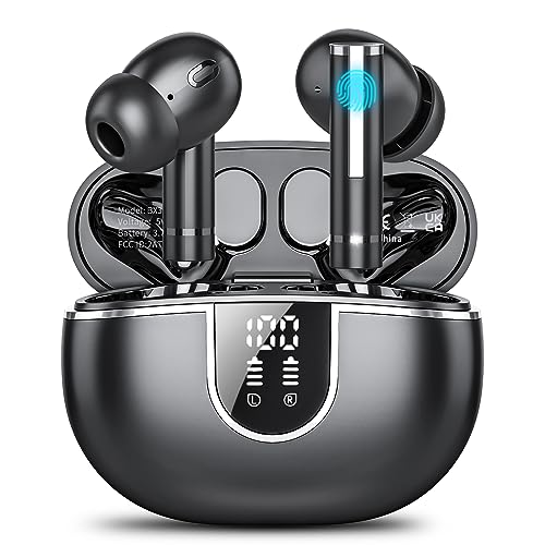 Wireless Earbuds Bluetooth Headphones 5.3, 50H Playtime Bluetooth Earbuds Built in Noise Cancellation Mic with LED Digital Display Charging Case, IPX7 Waterproof Ear Buds for iPhone Android (Black)