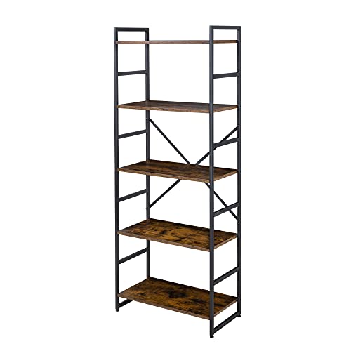 Shintenchi 5 Tiers Bookshelf, Classically Tall Bookcase Shelf, Industrial Book Rack, Modern Book Holder in Bedroom/Living Room/Home/Office, Storage Rack Shelves for Books/Movies-Rustic Brown