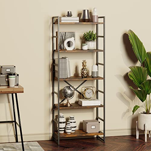 Shintenchi 5 Tiers Bookshelf, Classically Tall Bookcase Shelf, Industrial Book Rack, Modern Book Holder in Bedroom/Living Room/Home/Office, Storage Rack Shelves for Books/Movies-Rustic Brown