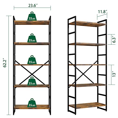 Shintenchi 5 Tiers Bookshelf, Classically Tall Bookcase Shelf, Industrial Book Rack, Modern Book Holder in Bedroom/Living Room/Home/Office, Storage Rack Shelves for Books/Movies-Rustic Brown