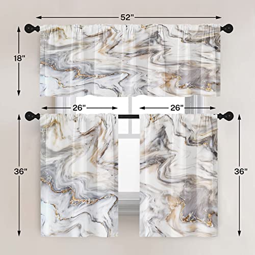 Tayney Marble Kitchen Curtains White Grey Gold Window Curtains and Valances Set 36 Inch, Abstract Texture Art Short Tier Curtain for Kitchen, Modern Luxury Small Kitchen Decor