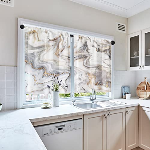 Tayney Marble Kitchen Curtains White Grey Gold Window Curtains and Valances Set 36 Inch, Abstract Texture Art Short Tier Curtain for Kitchen, Modern Luxury Small Kitchen Decor