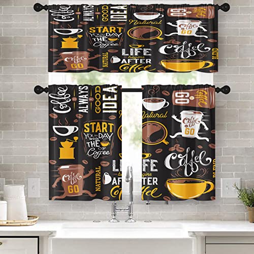 Tayney Yellow Kitchen Curtains Coffee Window Curtains and Valances Set 36 Inch, Brown Black Cute Short Tier Curtain for Kitchen, White Cartoon Cute Doodle Small Kitchen Decor