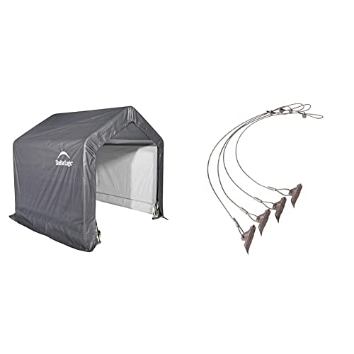 ShelterLogic 6' x 6' Shed-in-a-Box All Season Steel Metal Frame Peak Roof Outdoor Storage Shed, Grey & ShelterLogic 4-Piece Easy Hook Anchor Kit with 4 Cable Clamps and Driving Rod, 30-Inch