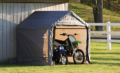 ShelterLogic 6' x 6' Shed-in-a-Box All Season Steel Metal Frame Peak Roof Outdoor Storage Shed, Grey & ShelterLogic 4-Piece Easy Hook Anchor Kit with 4 Cable Clamps and Driving Rod, 30-Inch