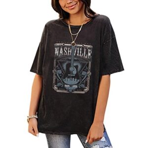 womens country music shirts nashville music city t-shirt vintage guitar oversized graphic tee summer short sleeve tops charcoal black