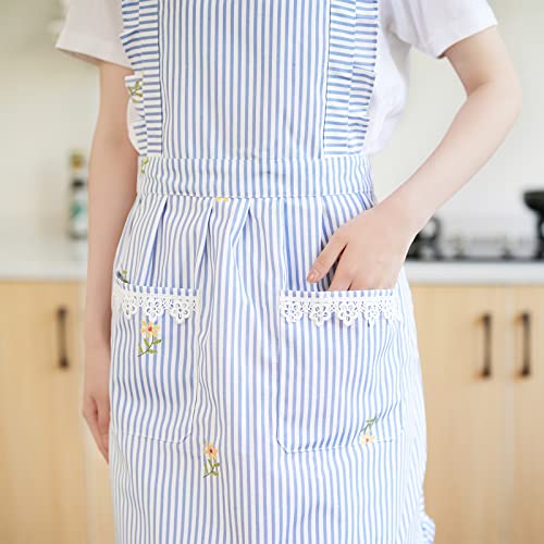 Funny Aprons for Women with Pockets, Kitchen Cooking Grilling Bbq Cute Chef Apron, Mothers Day Birthday Gifts for Women (Blue/Stripe)