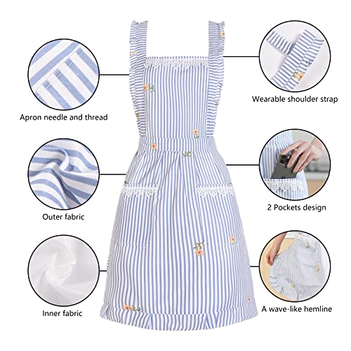 Funny Aprons for Women with Pockets, Kitchen Cooking Grilling Bbq Cute Chef Apron, Mothers Day Birthday Gifts for Women (Blue/Stripe)