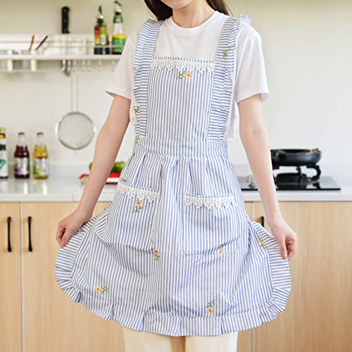 Funny Aprons for Women with Pockets, Kitchen Cooking Grilling Bbq Cute Chef Apron, Mothers Day Birthday Gifts for Women (Blue/Stripe)