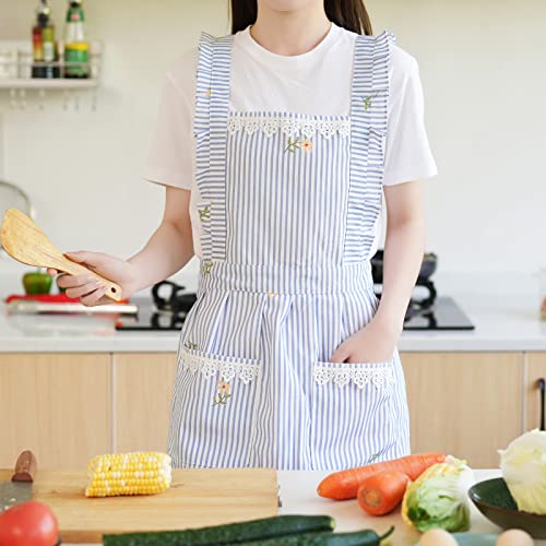 Funny Aprons for Women with Pockets, Kitchen Cooking Grilling Bbq Cute Chef Apron, Mothers Day Birthday Gifts for Women (Blue/Stripe)