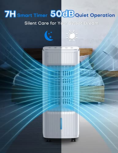 Evaporative Air Cooler, TEMEIKE 3-IN-1 Portable Air Conditioners w/Remote, Cooling Tower Fan w/Humidify, 70° Oscillation & 7H Timer Swamp Cooler, Windowless Evaporative Cooler for Room Bedroom Office