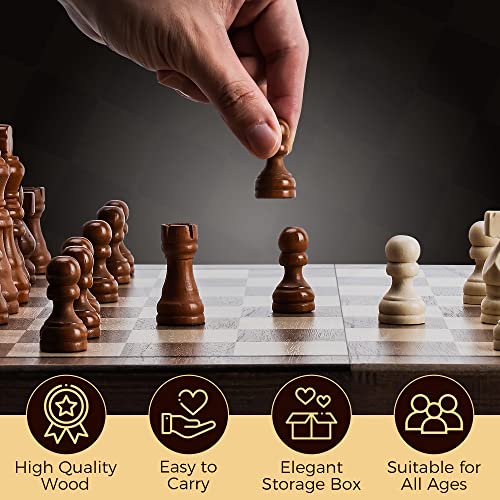 Magnetic Chess and Game Checkers Set for Adults, Teens and Kids - 15” Foldable Board Game with Luxury Handcrafted Wooden Staunton Pieces - Portable for Travel