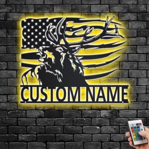 hussio custom us elk deer metal wall art with led light, personalized elk deer name sign decoration for room, elk deer metal led decor, elk deer (metal sign 1)