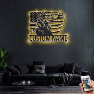 HUSSIO Custom US Elk Deer Metal Wall Art With LED Light, Personalized Elk Deer Name Sign Decoration For Room, Elk Deer Metal LED Decor, Elk Deer (Metal Sign 1)