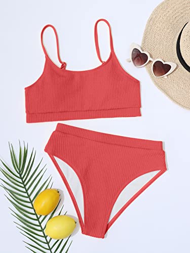 MakeMeChic Women's Ribbed High Waisted Bikini Sets Swimsuit Bathing Suit Watermelon Pink XL