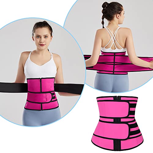 YUANGUNGUN Waist Trainer for Women Men,Adjustable Body Shaper,Waist Trimmer Cincher with Dual Belly Band for Weight Loss Slimming Sauna Sweat Belt Back Support for Fitness Workout Gym (Size S) Rose