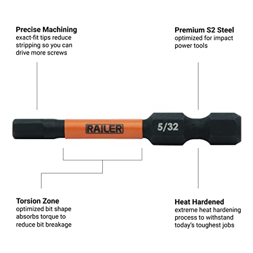 Hex 5/16" Impact Driver Bit - Railer Allen Wrench Drill Hex Bits. 1/4 Quick Release S2 Steel 2 inch 5/16" Hex Bits. (5 Pack)