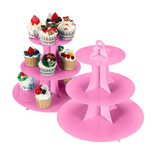 YLDW 2Pcs 3-Tier Cupcake Stand, Cake Stand Holder, Tiered DIY Cupcake Stand Tower for Dessert Table Displays, Birthday Theme Party Favors Decoration, Floral Tea Party, 12" W x 12.8" H, Pink