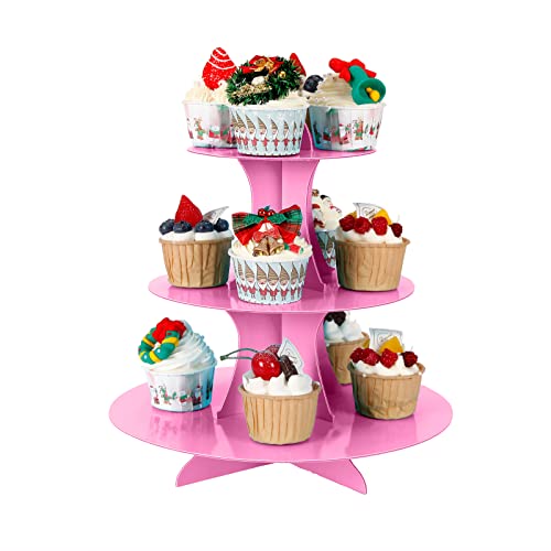 YLDW 2Pcs 3-Tier Cupcake Stand, Cake Stand Holder, Tiered DIY Cupcake Stand Tower for Dessert Table Displays, Birthday Theme Party Favors Decoration, Floral Tea Party, 12" W x 12.8" H, Pink