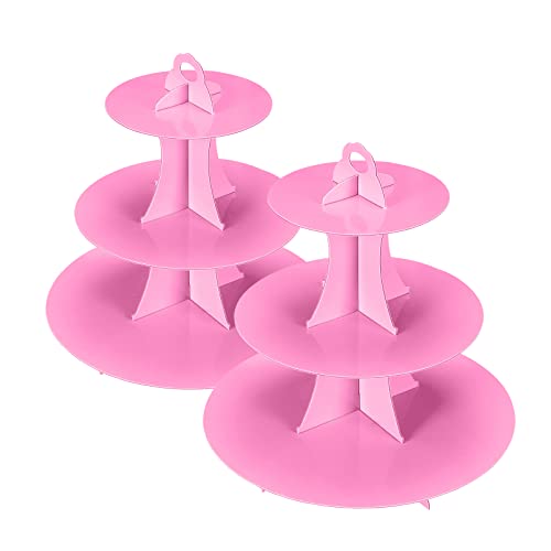 YLDW 2Pcs 3-Tier Cupcake Stand, Cake Stand Holder, Tiered DIY Cupcake Stand Tower for Dessert Table Displays, Birthday Theme Party Favors Decoration, Floral Tea Party, 12" W x 12.8" H, Pink