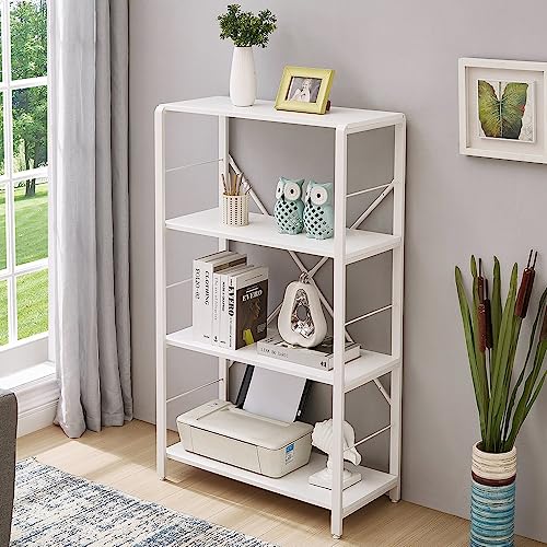 EXCEFUR Rustic Bookshelf and Bookcase, Industrial Metal and Wood Book Shelves, 4-Tier Shelving Unit for Living Room Bedroom, White Oak