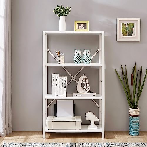 EXCEFUR Rustic Bookshelf and Bookcase, Industrial Metal and Wood Book Shelves, 4-Tier Shelving Unit for Living Room Bedroom, White Oak