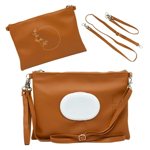 blessed + beloved Travel Wipes Case Crossbody Diaper Bags for Women with Wristlet - Vegan Leather Baby Wipes Dispenser - Diaper Clutch Bag with Separate Baby Wipe Holder Pouch - Boho Design Baby Wipe