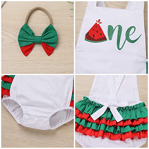 IMEKIS Melon First Birthday Outfit Girl One Cake Smash Boho Baby 1st Birthday Dress Watermelon Themed Party Supplies One Year Old Romper Sunsuit Toddler Summer Photoshoot Green Melon 12-18 Months