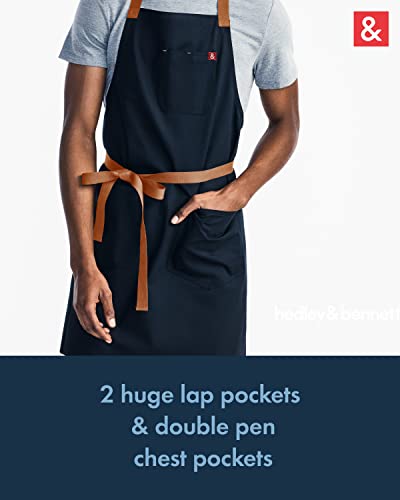 Hedley & Bennett Midnight Blue Essential Apron - Professional Chef Apron with Pockets and Adjustable Bib Strap for Cooking & Grilling - Kitchen Aprons for Men & Women - 8oz 100% Cotton Twill Fabric