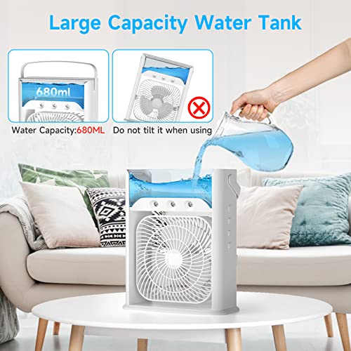 Portable Air Conditioner,4-In-1 Personal Air Cooler Mini Evaporative Fan, Portable AC Mobile Air Conditioner with 360°Rotation, 7 LED Light,3 Wind Speeds, 3 Spray Modes for Office Desk Bedroom Kitchen