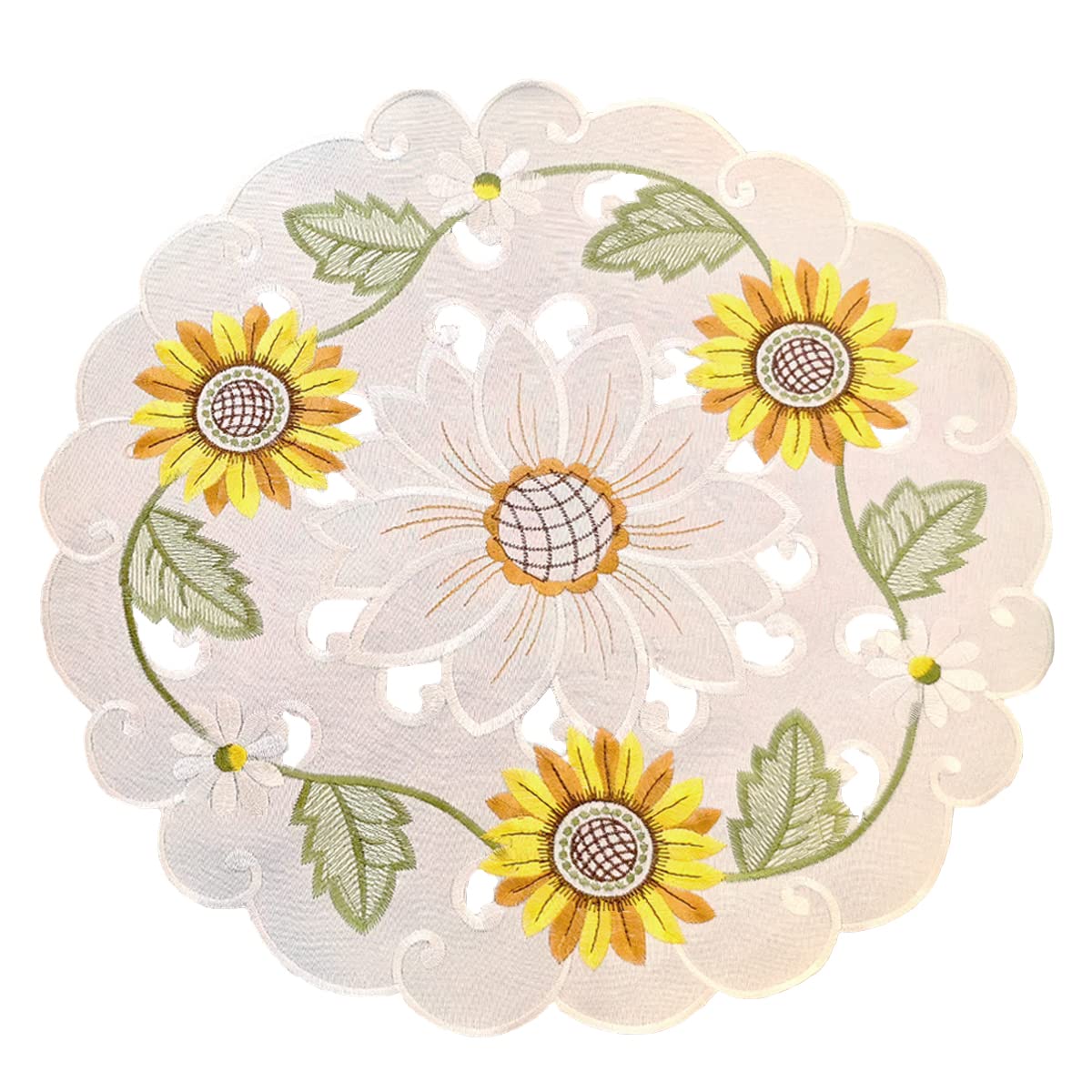 LeLehome Embroidery Sunflowers Cutwork Round Placemats, 4PCS 15" Home Kitchen Dining Autumn Summer Doily Tabletop Decoration