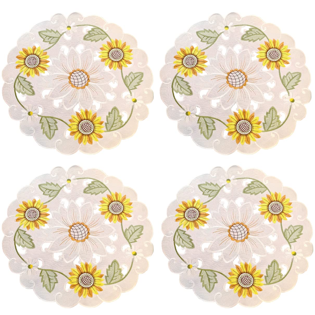 LeLehome Embroidery Sunflowers Cutwork Round Placemats, 4PCS 15" Home Kitchen Dining Autumn Summer Doily Tabletop Decoration